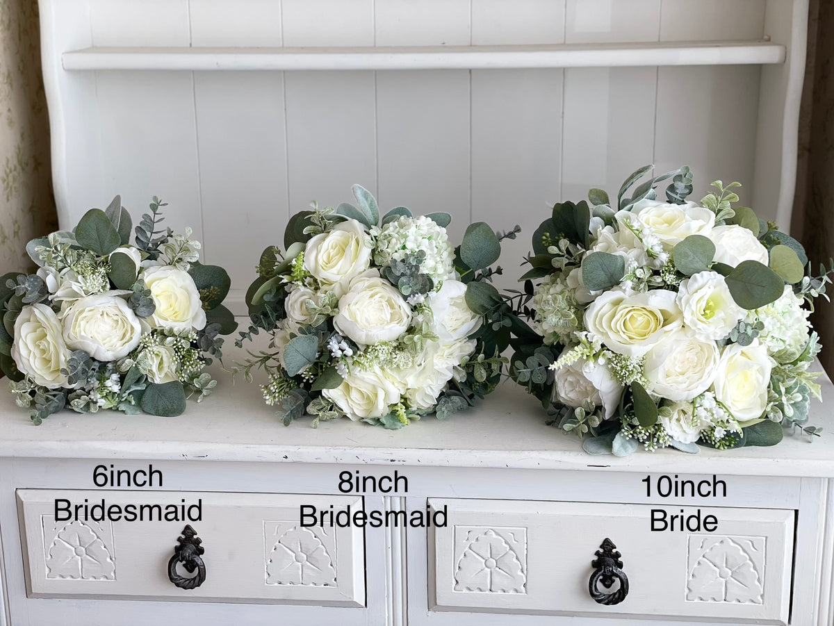 Elegant white and sage green silk wedding flowers – Laurel Silk Florist